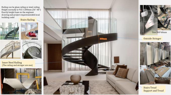 Customized Marble Steel Spiral Stair Arc Laminated Glass Tread